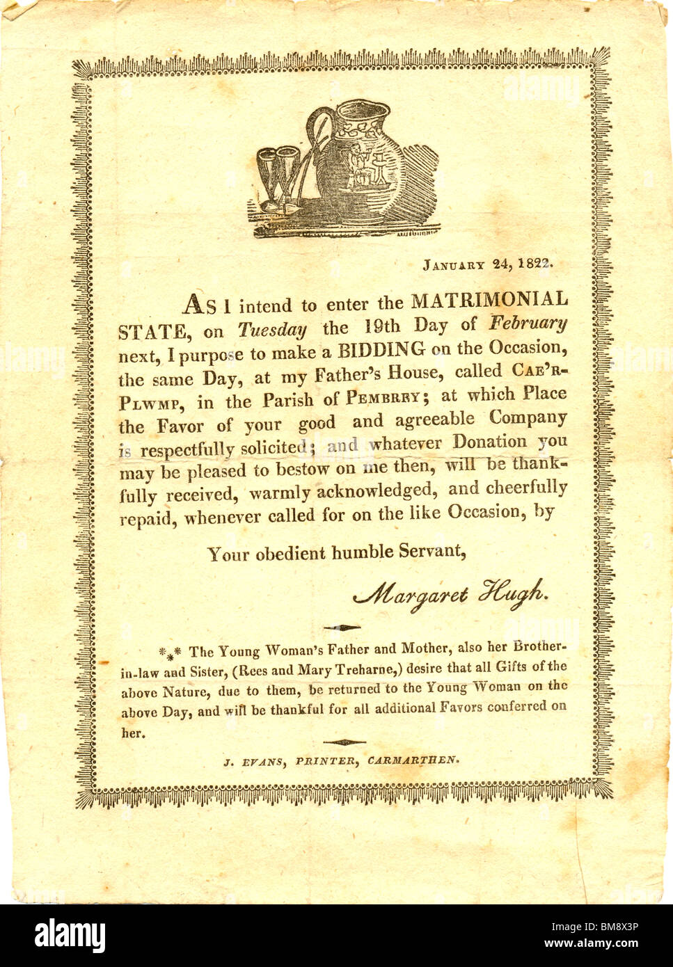 Welsh bidding letter for wedding on 19 February 1822 Stock Photo - Alamy