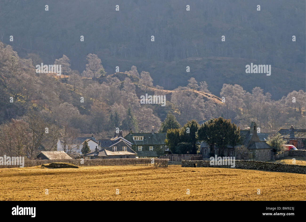 Village of Grange in Borrowdale Cumbria England in early morning spring ...