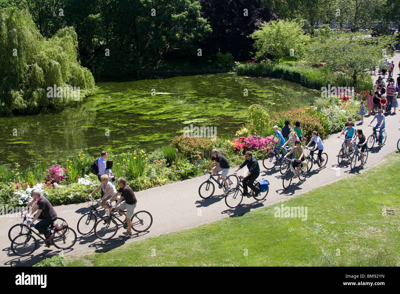 cyclists cycles path flowers lake trees stagnant Stock Photo - Alamy