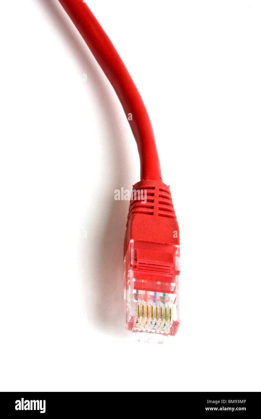 Red network plug isolated on white background Stock Photo - Alamy