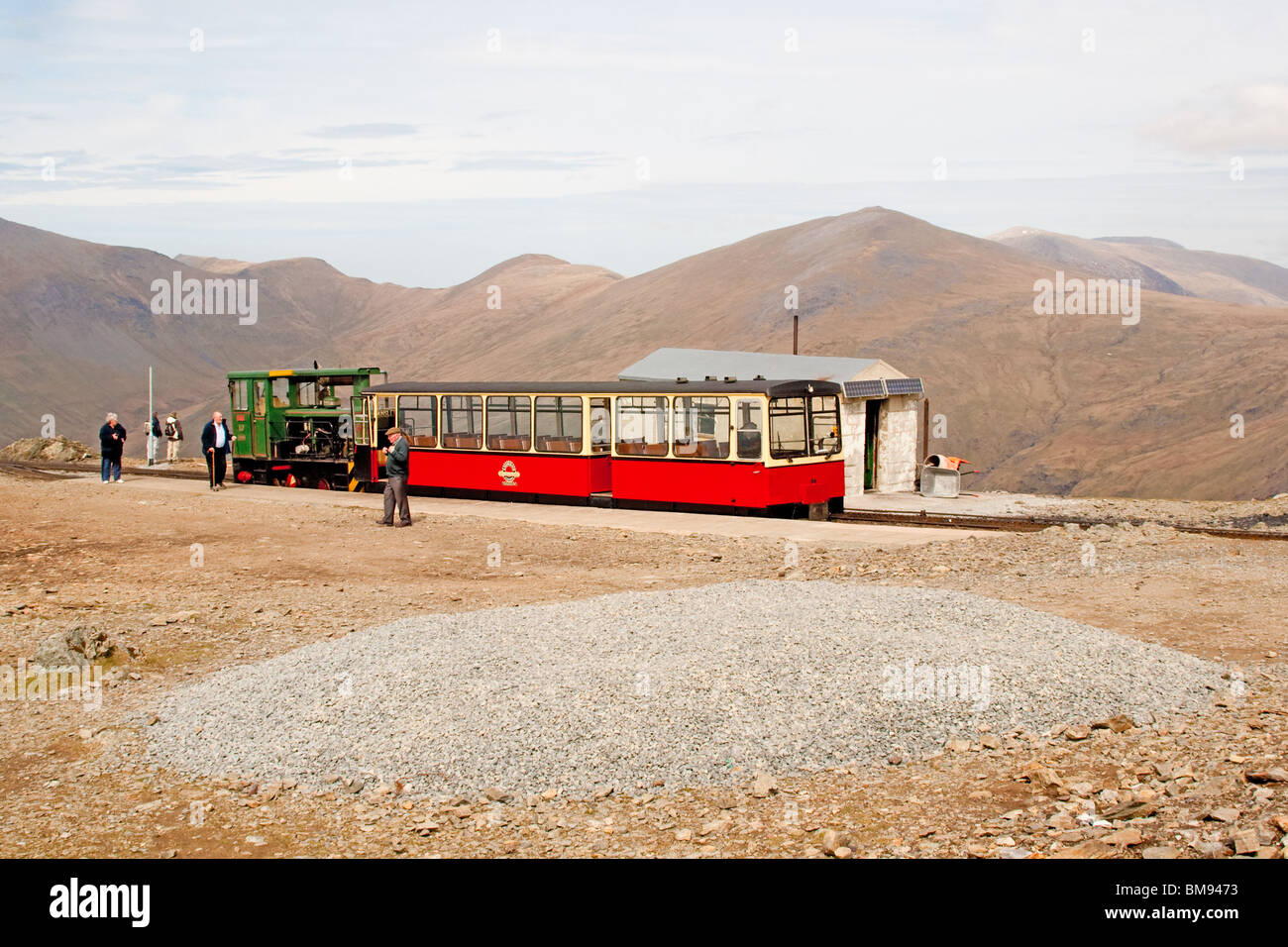 Snowdon Mountain Railway engine and passenger coach at Clogwyn station ...
