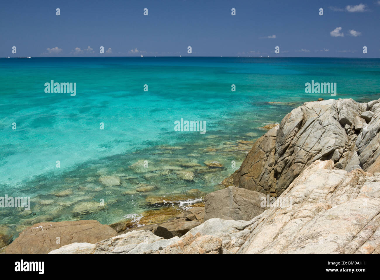 Beach scene in tropical paradise near Tortola, of the British Virgin ...