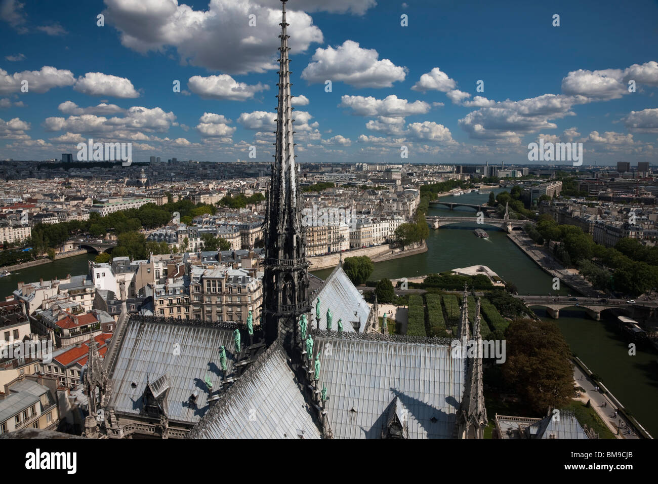Dramatic aerial view of Paris from above Notre Dame looking through the ...