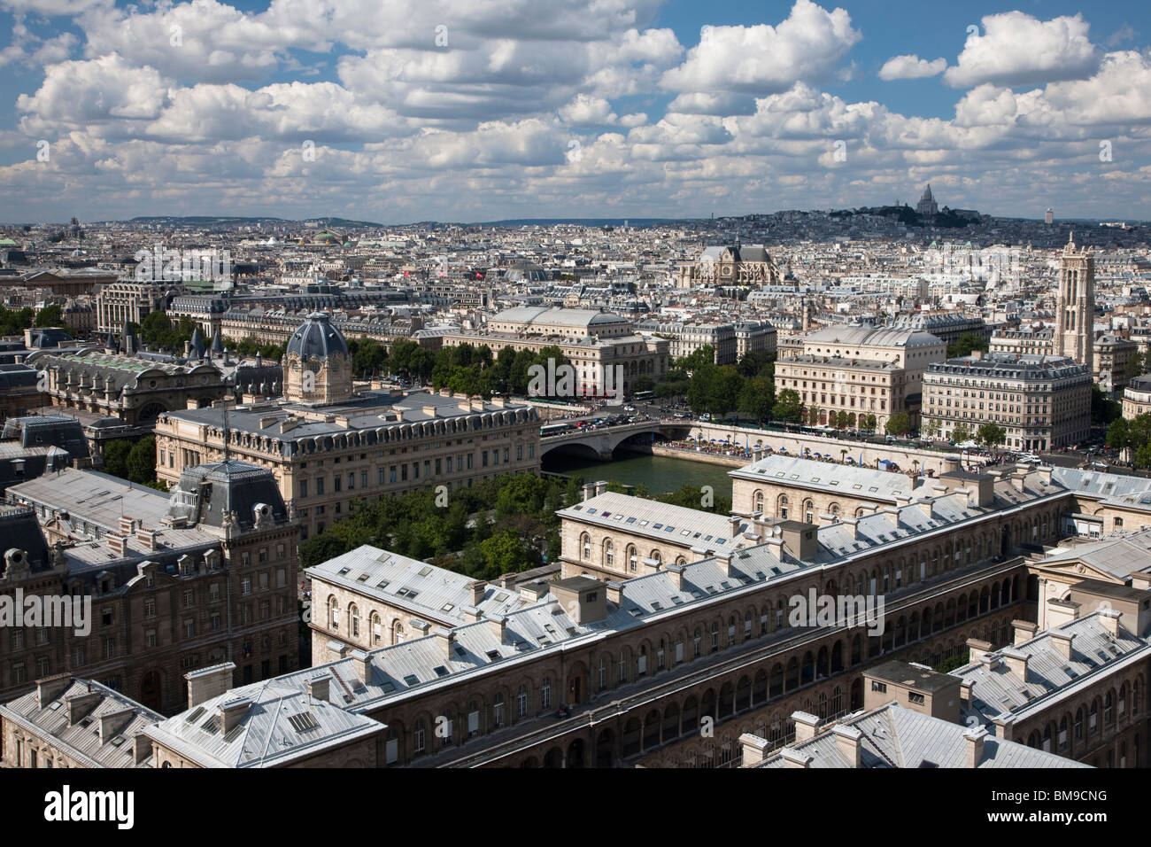 Aerial city view of Paris rooftops from Ile De la Cite toward ...