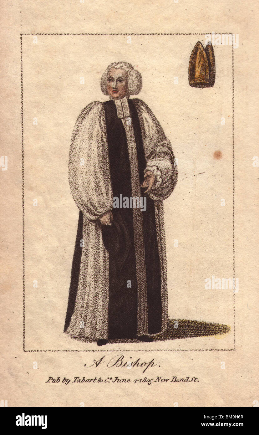 A Bishop. In long black and white robes, wearing a white wig. A gold ...