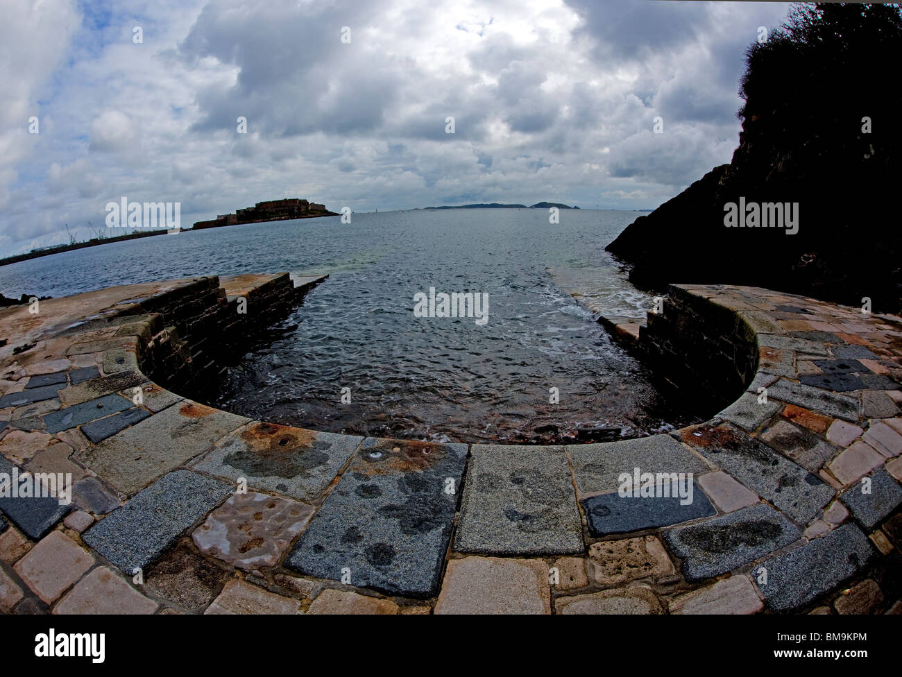 Fish eye view of Castle Cornet from the Bathing Pool, Guernsey, Channel ...