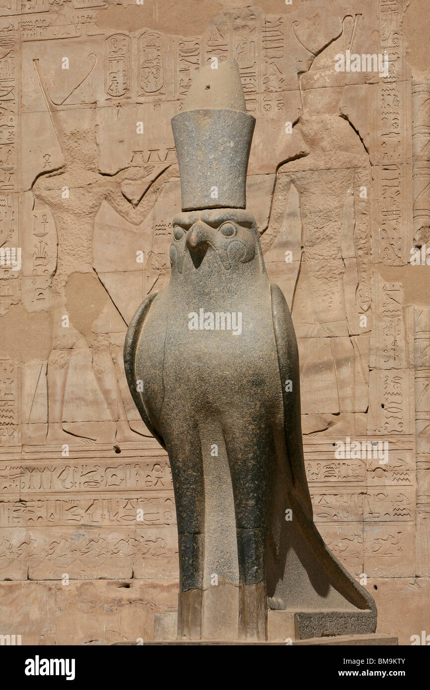 Statue of the falcon god Horus at the Horus Temple in Edfu, Egypt Stock ...