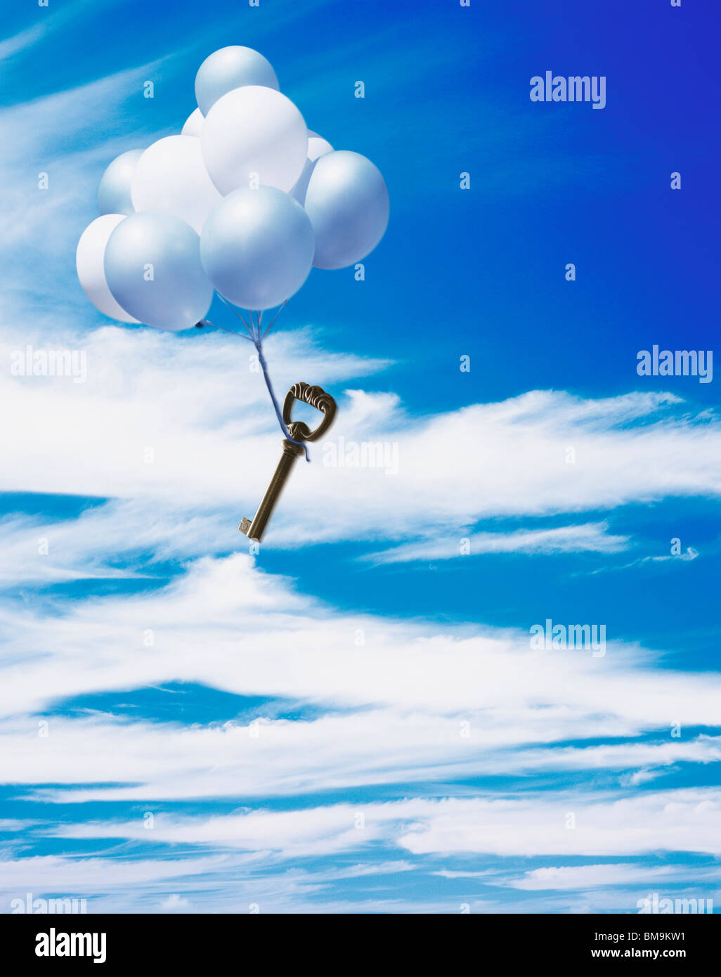 Key hanging on bunch of balloons floating in sky, computer graphic ...
