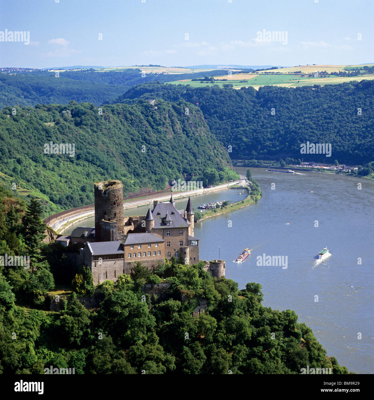 A view of the River Rhine at St Goarshausen showing Katz Castle and the ...
