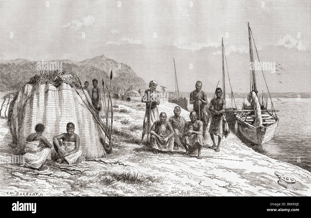 Congolese tribesmen by their boats on the Congo river in the 19th ...