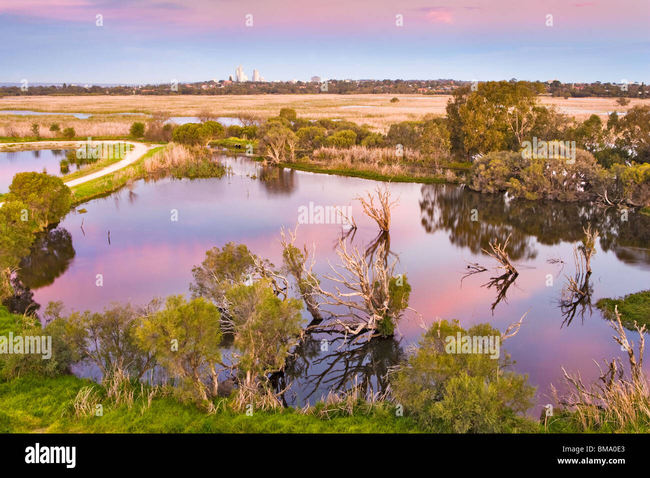 Herdsman Lake wetlands at sunset with Perth city in the distance ...