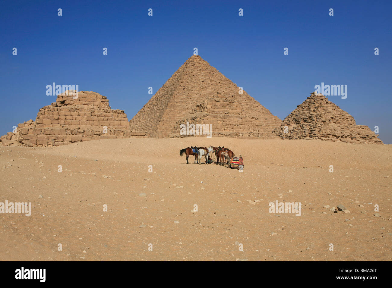 The pyramid of Pharaoh Menkaure and the three Queens' pyramids in Giza ...