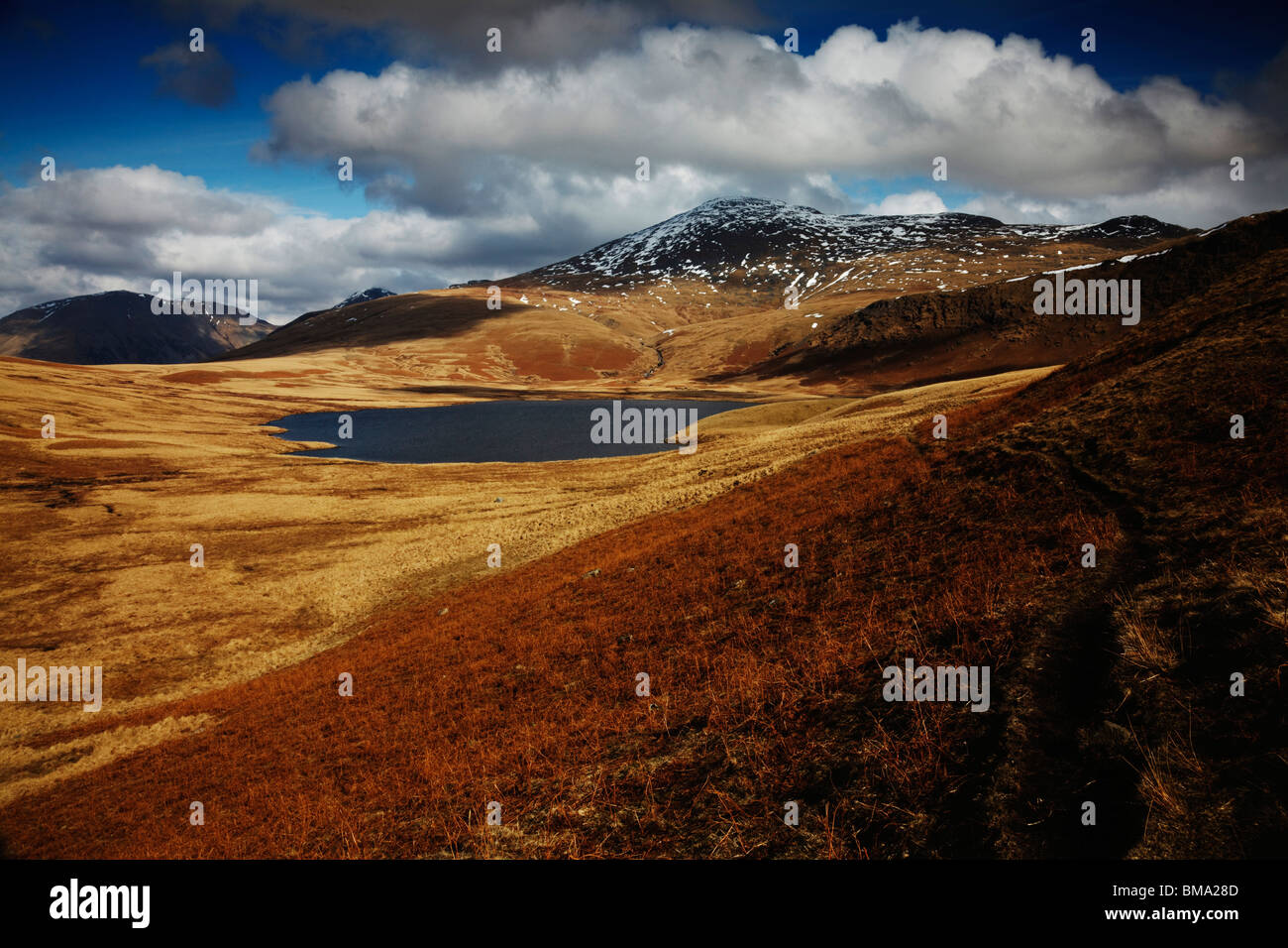 Burnmoor Tarn from Miterdale with Scafell Pike in background on a ...