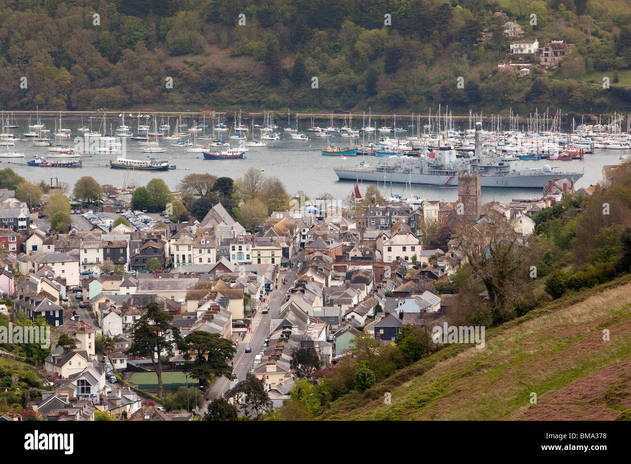 UK, England, Devon, Dartmouth, elevated view of town,Type 23 Navy ...