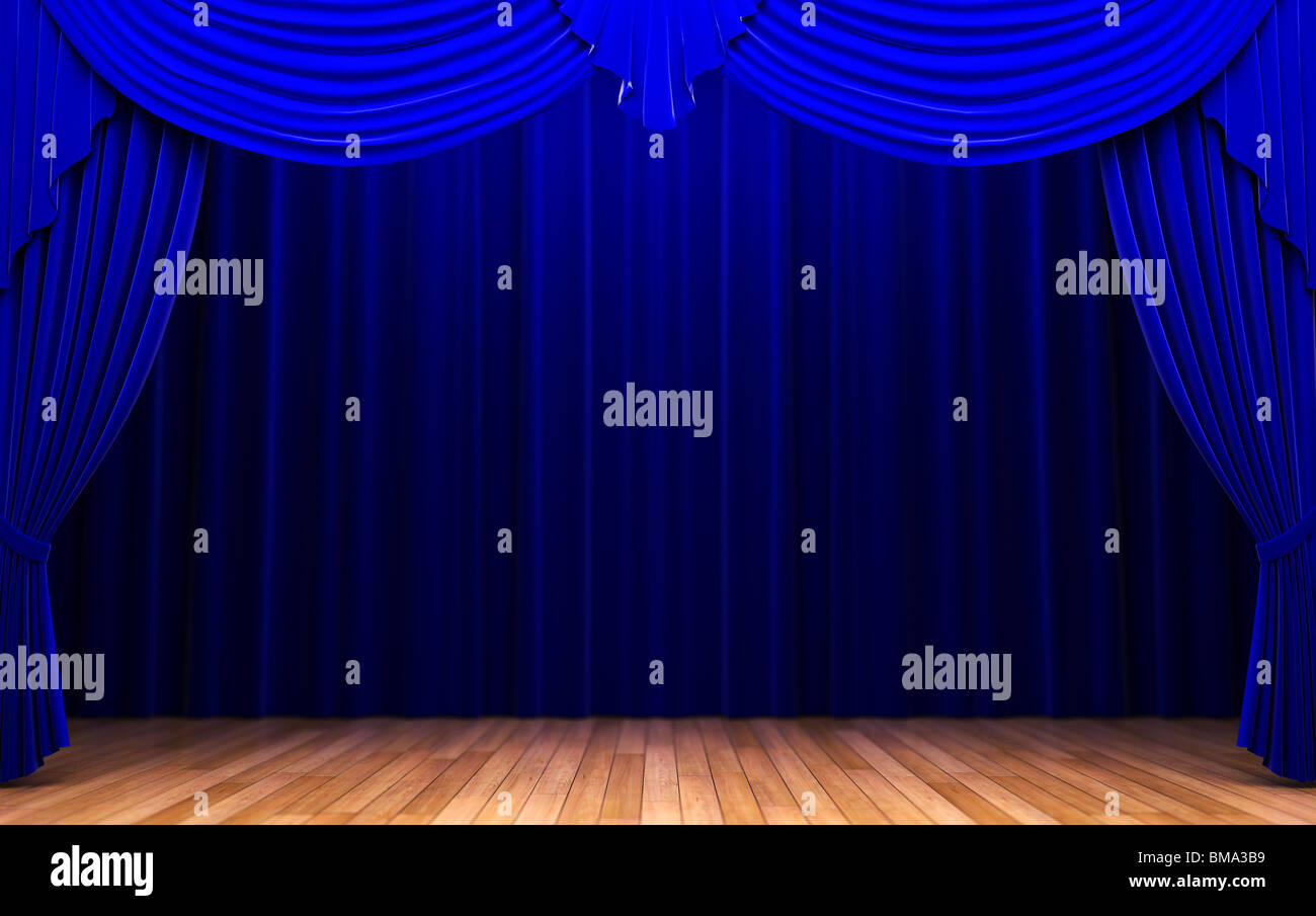 blue velvet curtain opening scene made in 3d Stock Photo - Alamy