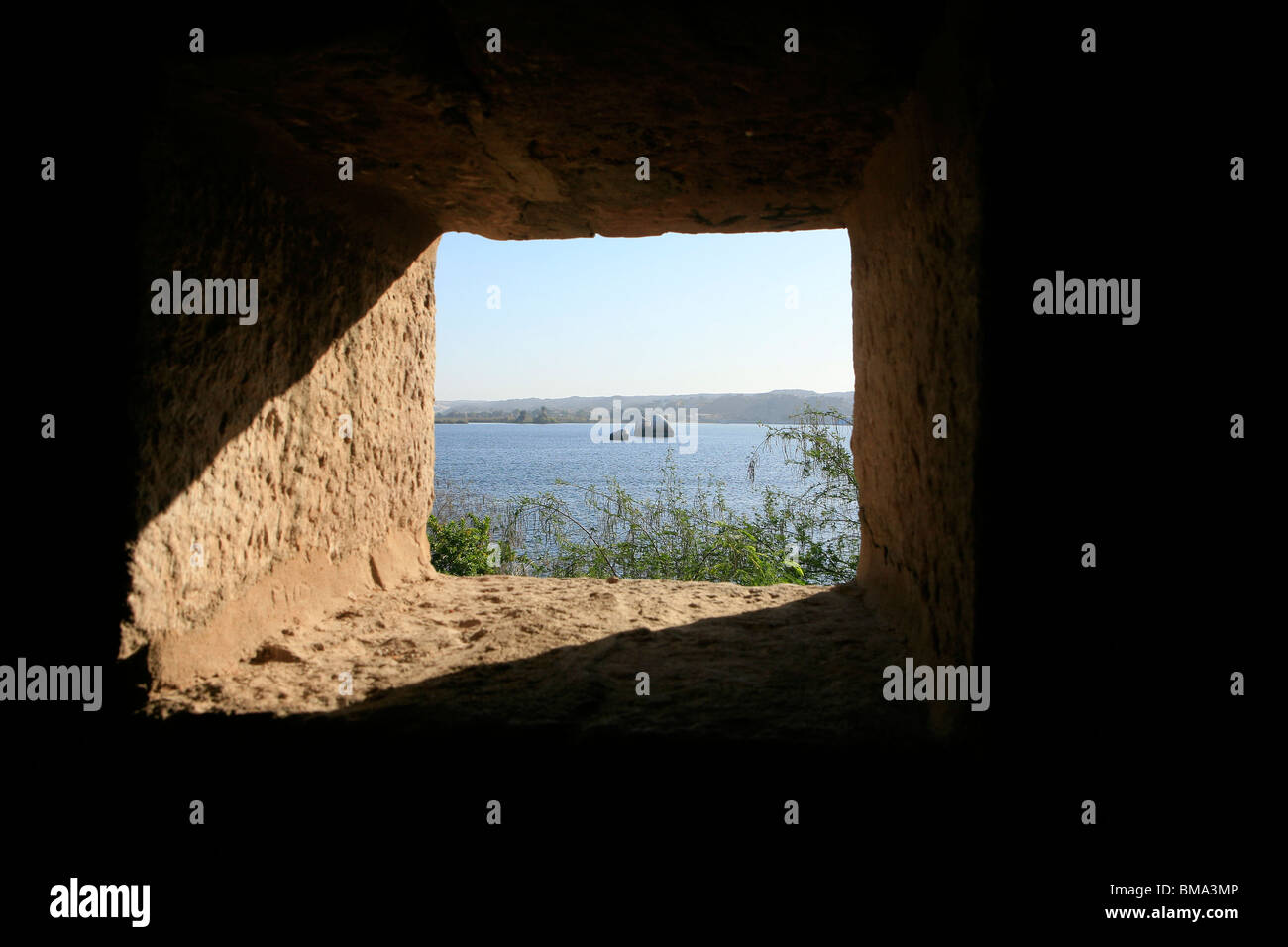 View of the River Nile through a window at the Temple of Philae, Egypt ...