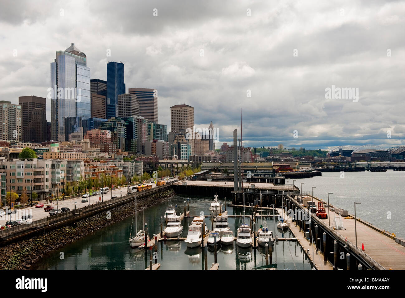 The dramatic Seattle, Washington skyline as seen from pier 66 on the ...