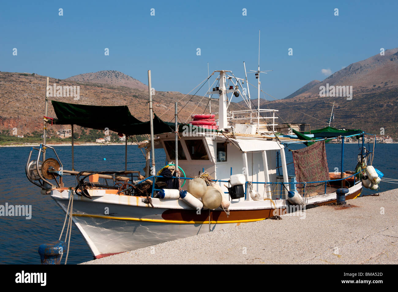 Greek fishing boat at Ithylo on the Greek peninsula Mani Stock Photo ...