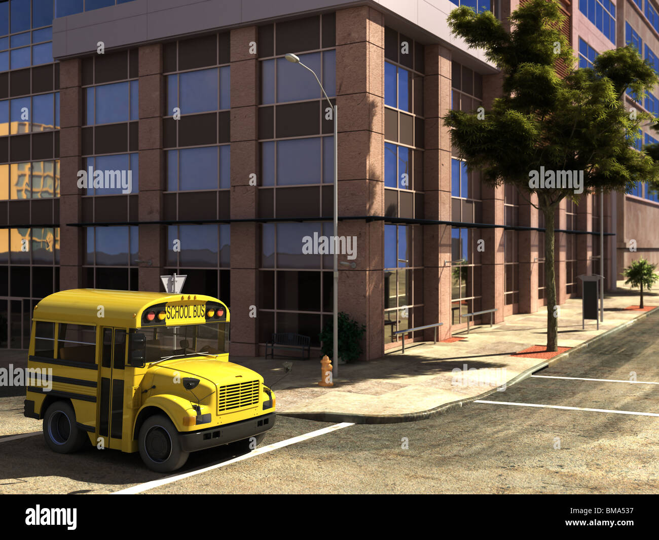 funny concept school bus at the street made in 3d Stock Photo - Alamy