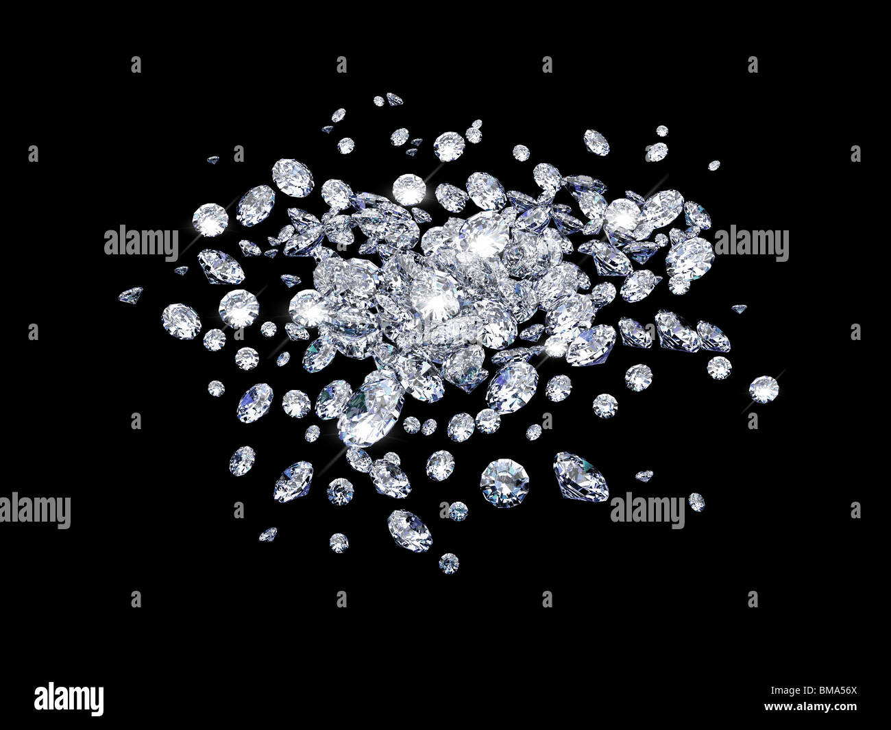 a lot of diamonds, scattering across the black made in 3D Stock Photo ...