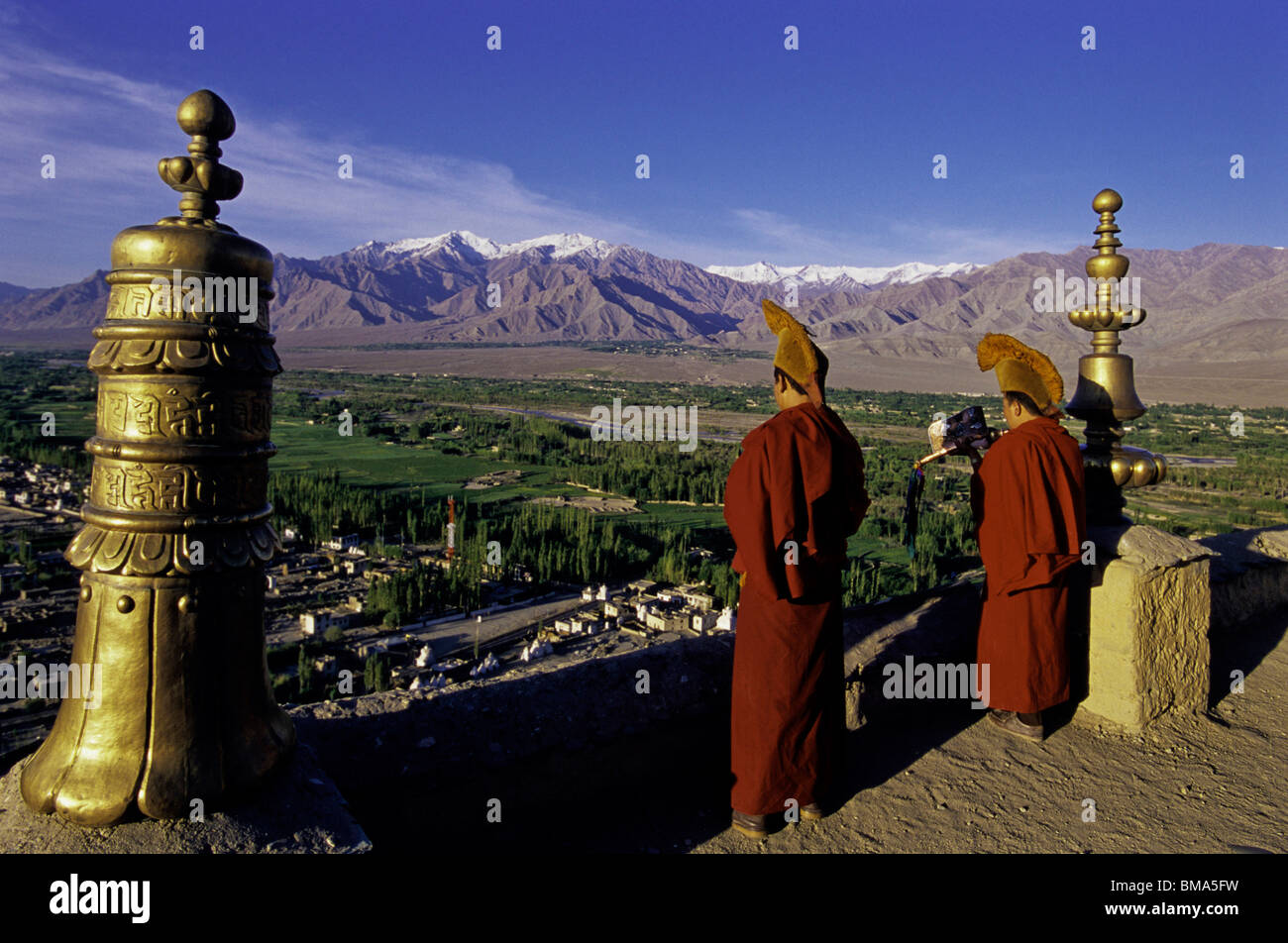 Gelukpa Buddhist Monks announcing morning prayers at Thiksey Monastery ...