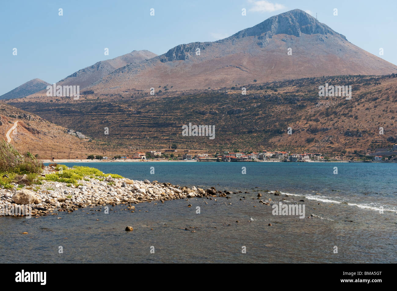 Village Ithylo at the Greek Peloponnese with the sea bay Stock Photo ...