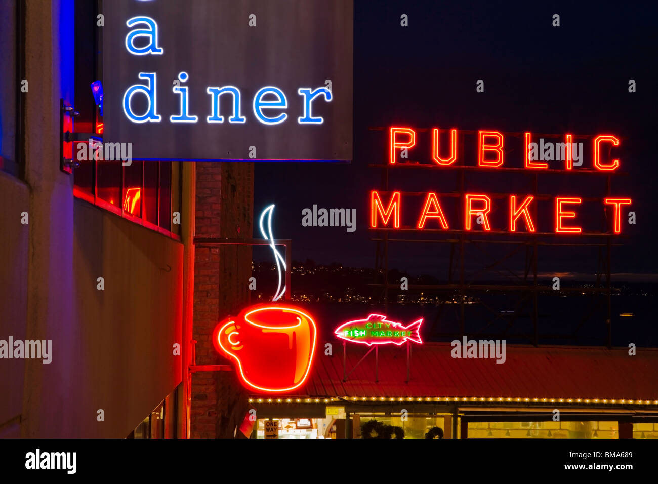 Seattle, WA Pike Place Market "Public Market", coffee cup, & diner neon ...
