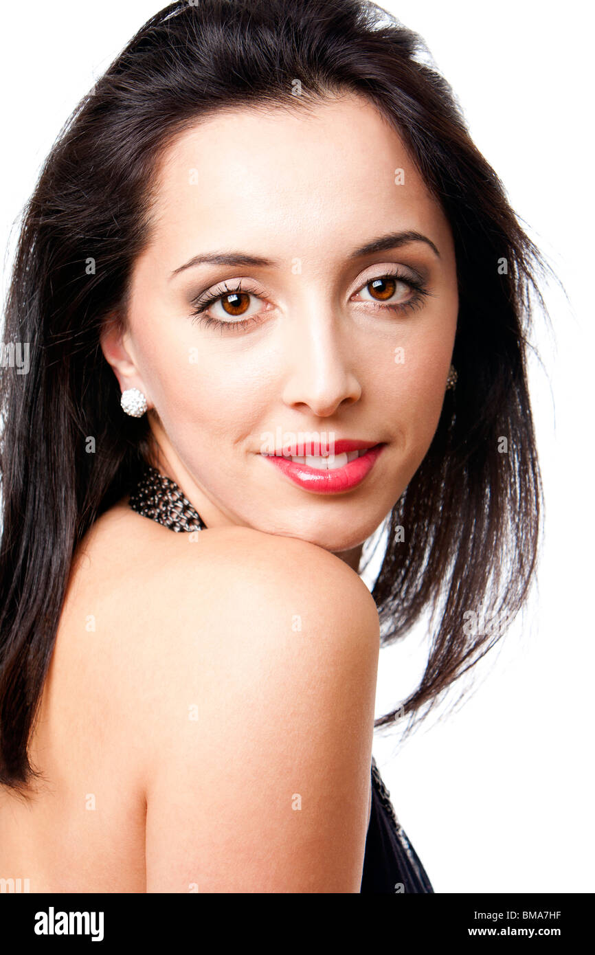 Happy Beautiful Caucasian Hispanic woman face with red lips and bare ...