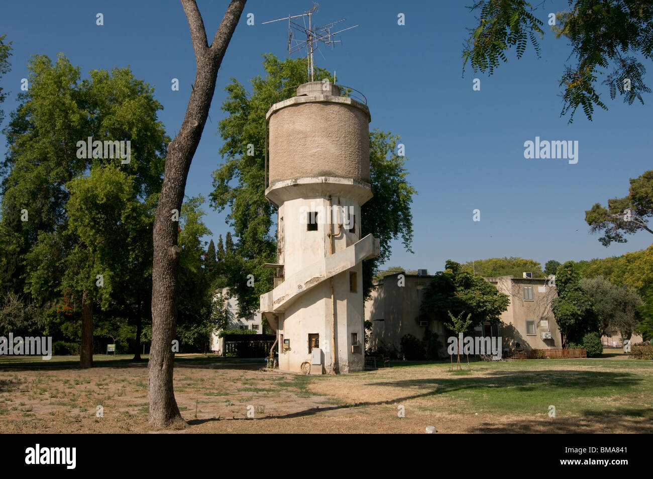 An old water tower in Kibbutz Ashdot Yaakov in the Jordan valley Israel ...