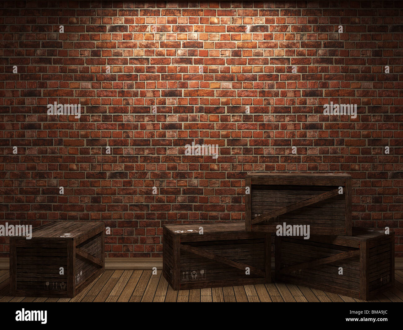 illuminated brick wall and boxes made in 3D graphics Stock Photo - Alamy