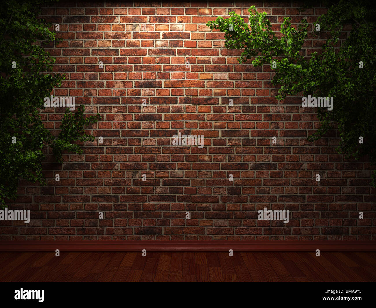 illuminated stone wall and ivy made in 3D graphics Stock Photo - Alamy