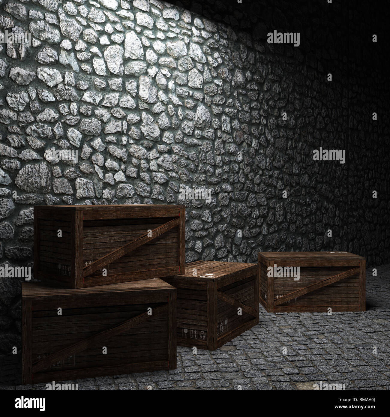illuminated stone wall and boxes made in 3D graphics Stock Photo - Alamy