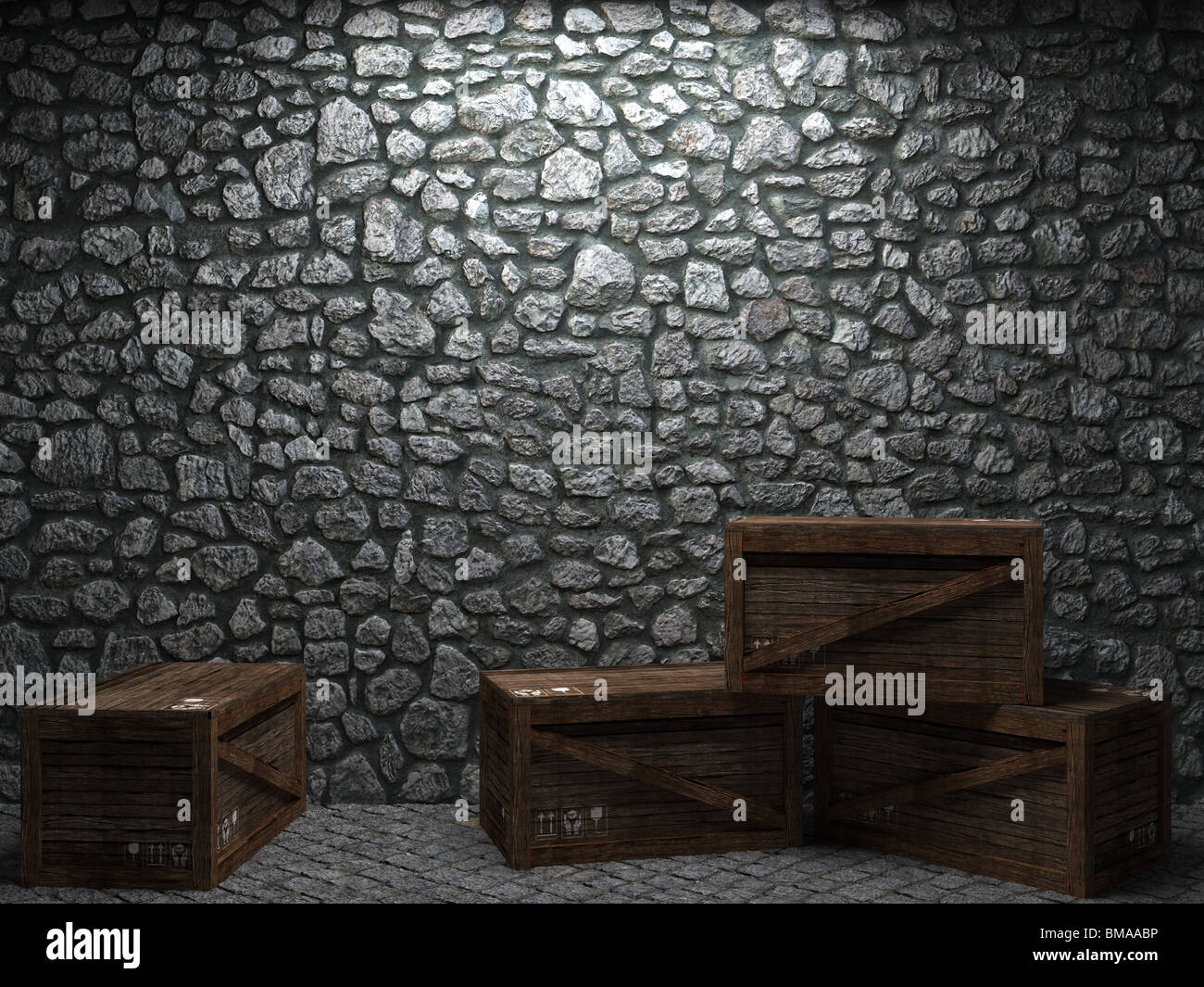 illuminated stone wall and boxes made in 3D graphics Stock Photo - Alamy