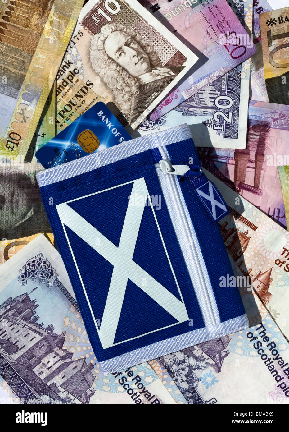 Wallet with saltire design with scottish credit card and banknotes ...