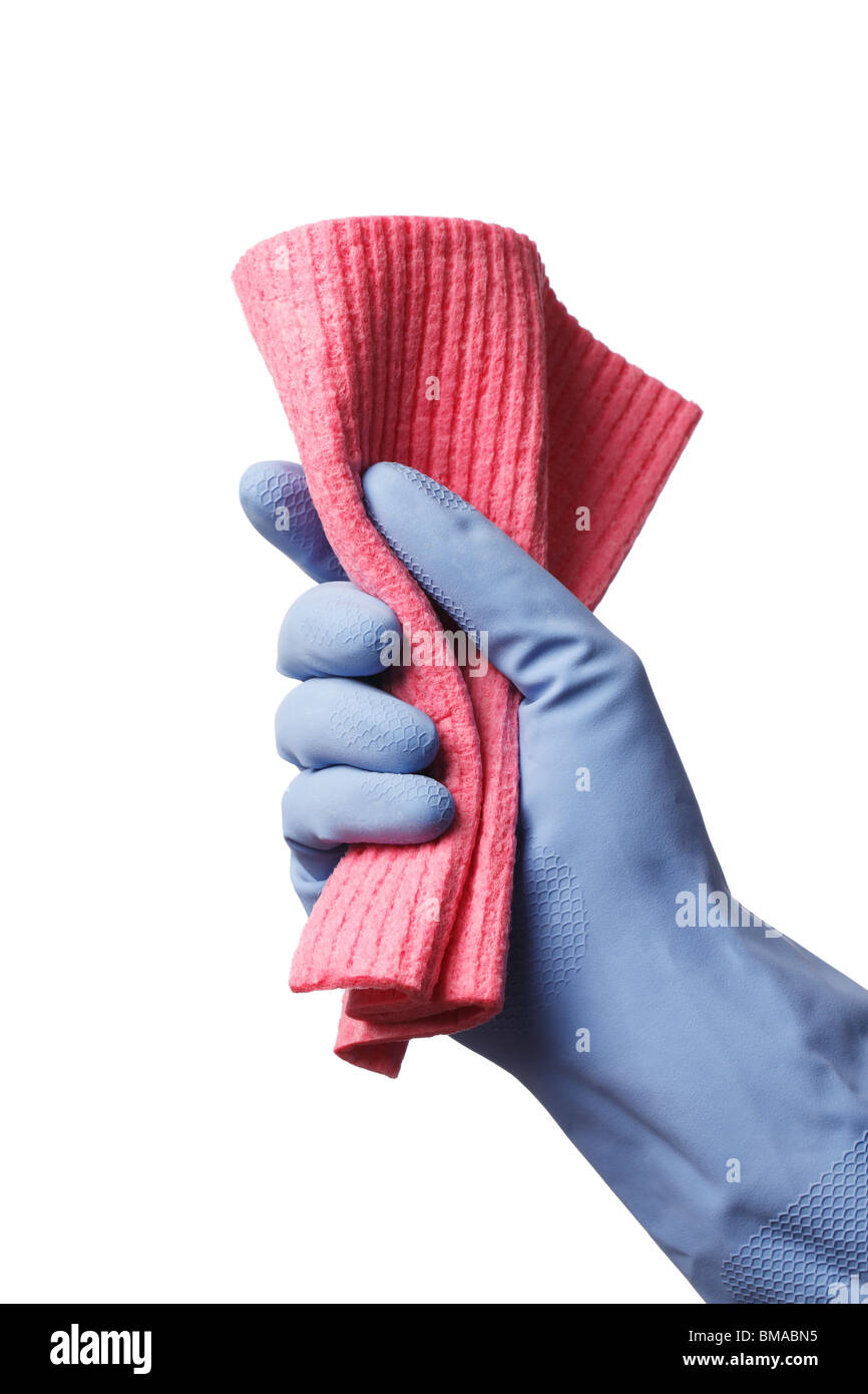 A rubber gloved hand holding a red cleaning cloth Stock Photo - Alamy