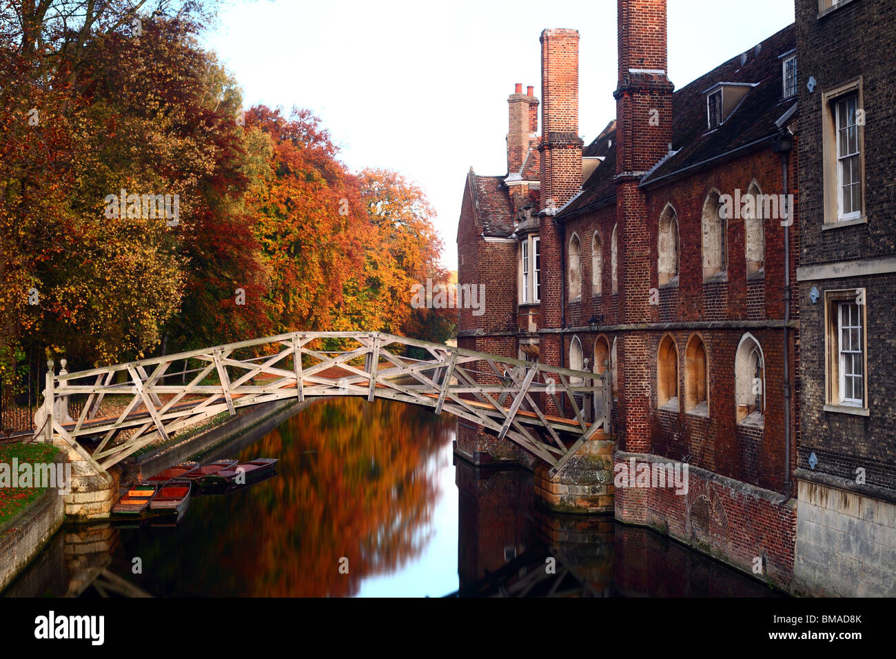 The Mathematical Bridge in autumn, Queens College, Cambridge Stock ...