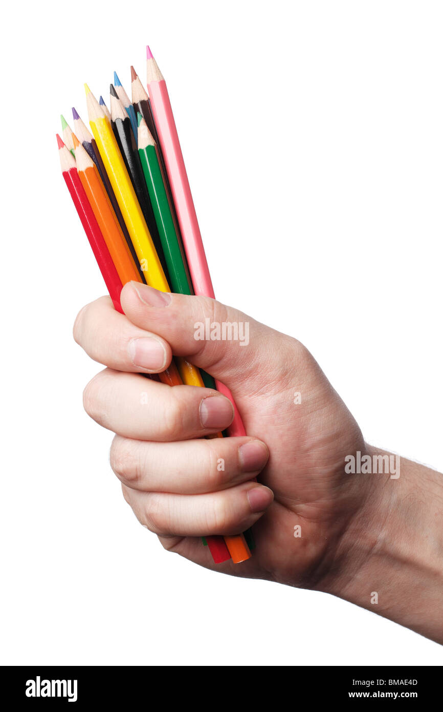 Man holding some colored pencils Stock Photo - Alamy