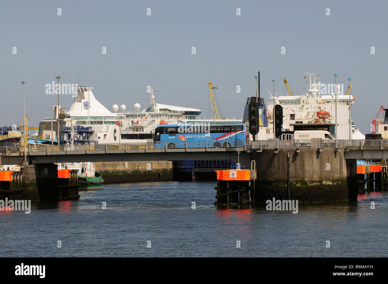 Dublin Port Ireland an Aircoach company vehicle crossing the East Link ...