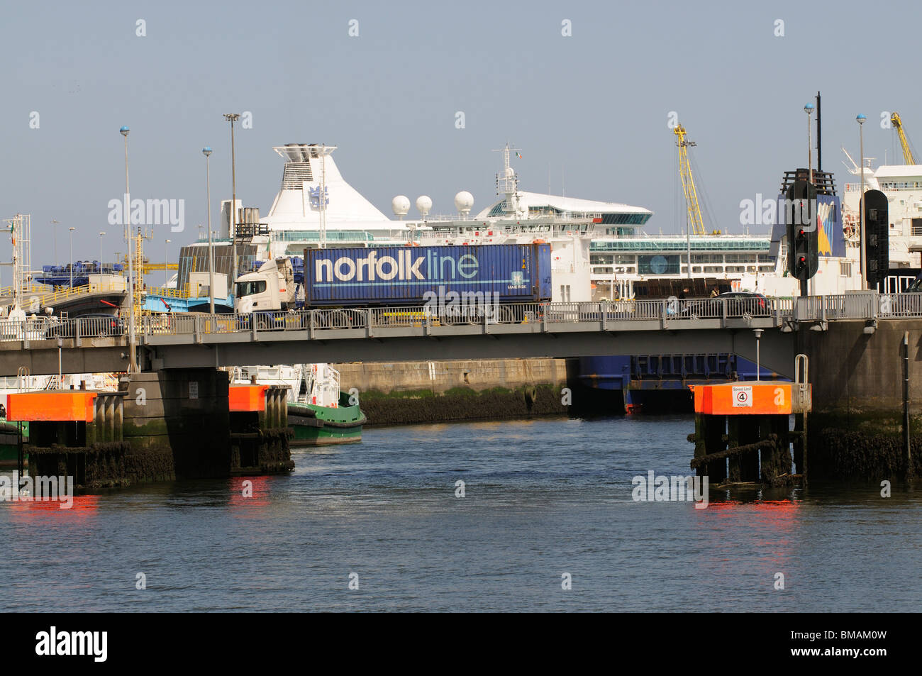 Dublin Port Ireland and a Norfolkline company truck crossing the East ...