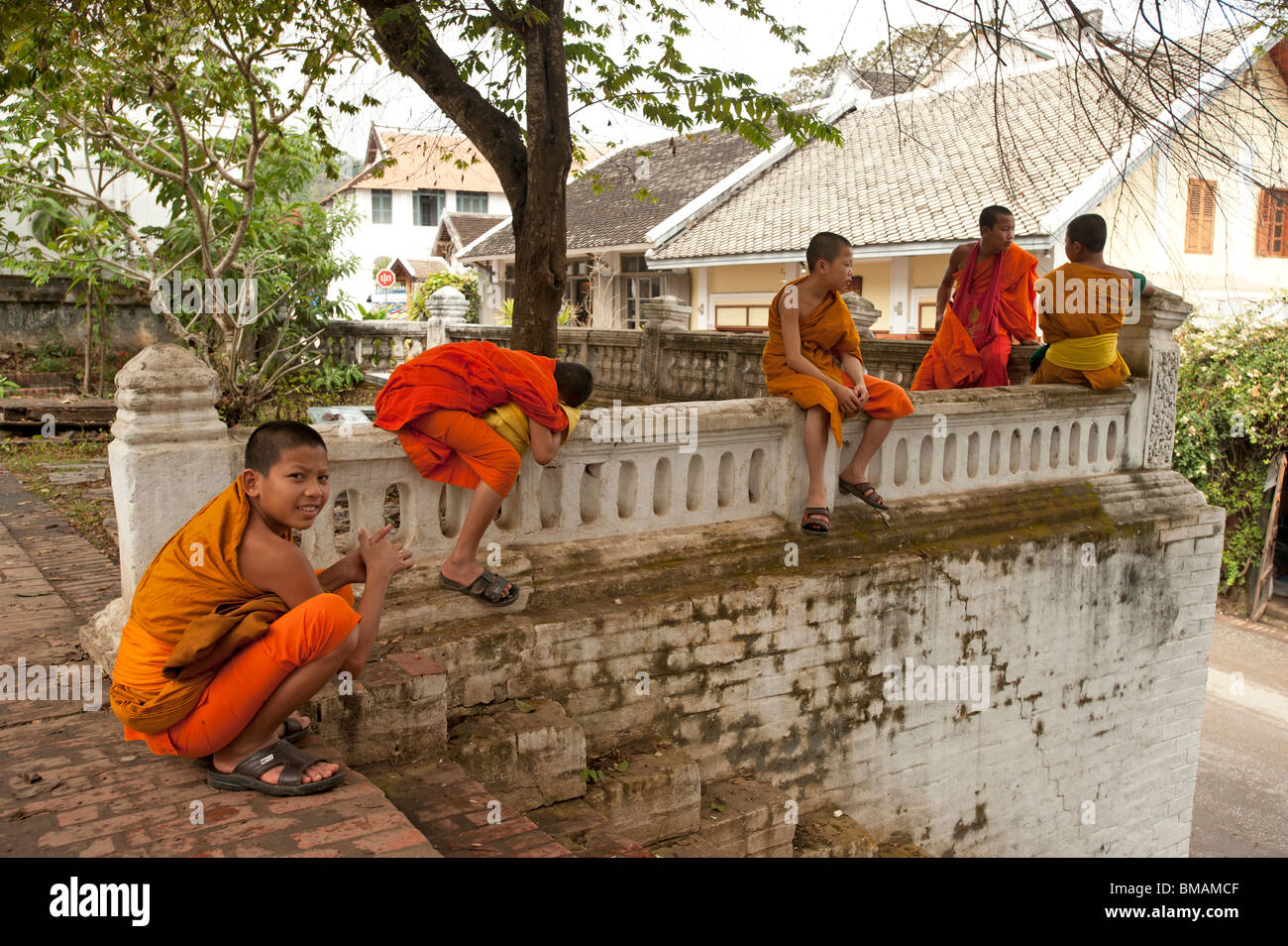 Novice Buddhist monks sit on a temple wall in Luang Prabang Laos Stock ...