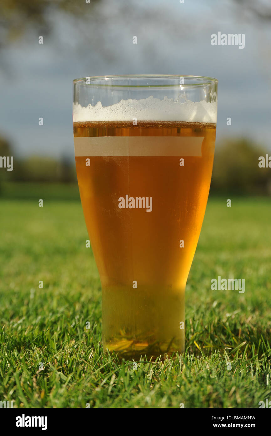 Pint of larger on grass in a garden Stock Photo - Alamy