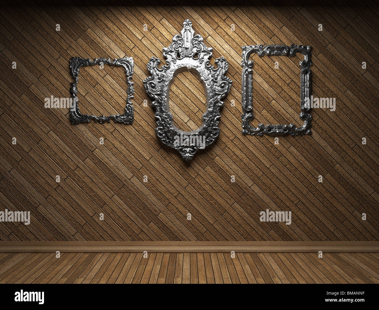 illuminated wooden wall and frame made in 3D Stock Photo - Alamy
