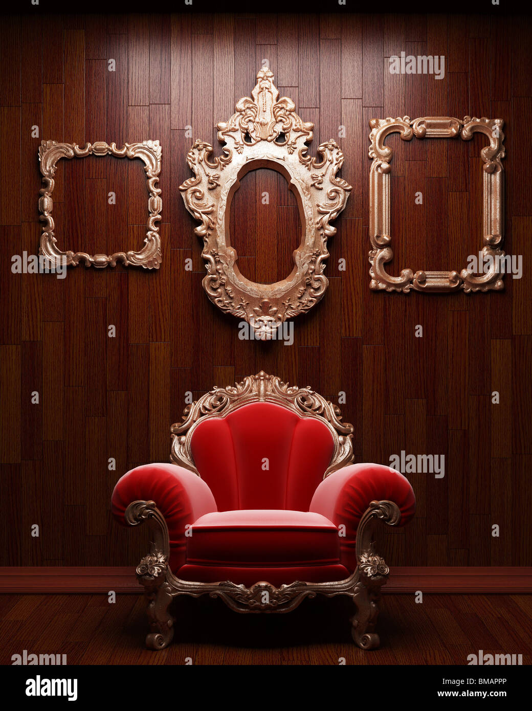 illuminated wooden wall and chair made in 3D Stock Photo - Alamy