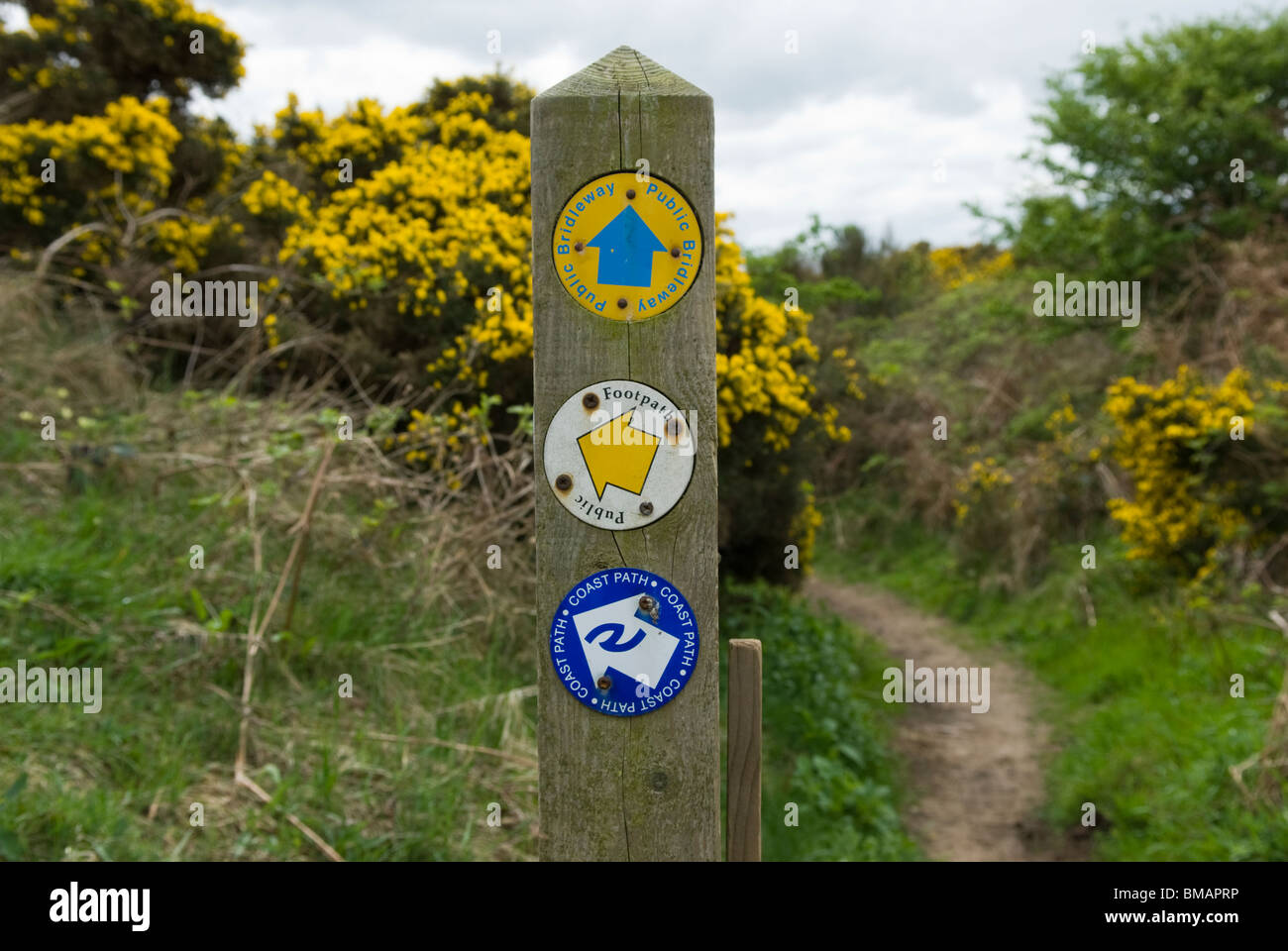 A waymarker for a footpath to Budle Bay, Northumberland, England Stock ...