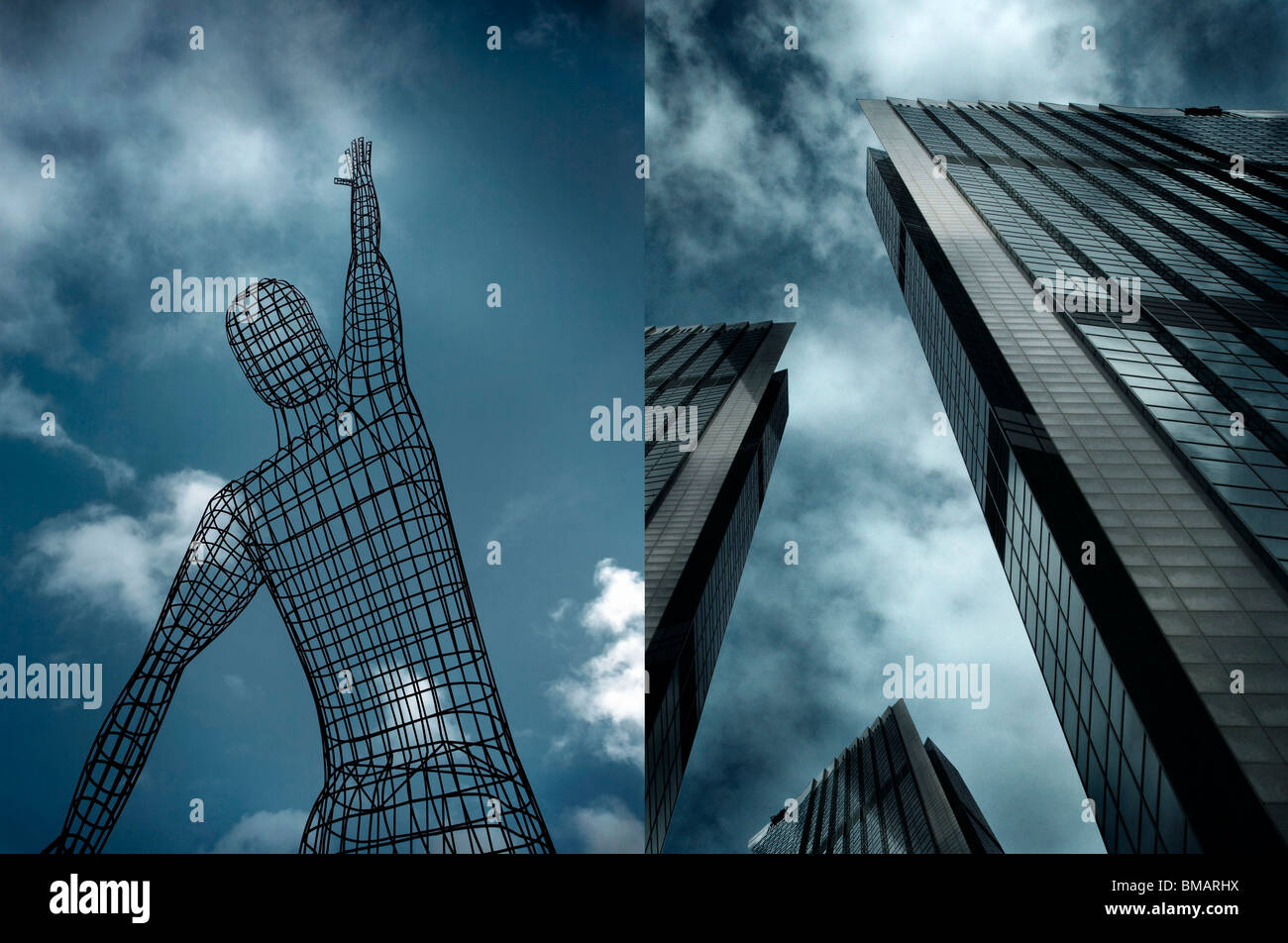 sculpture reaching up to the sky juxtaposed with skyscrapers and a ...