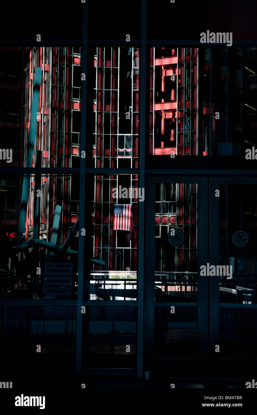 Looking at American flag inside the Thompson Center in downtown Chicago ...