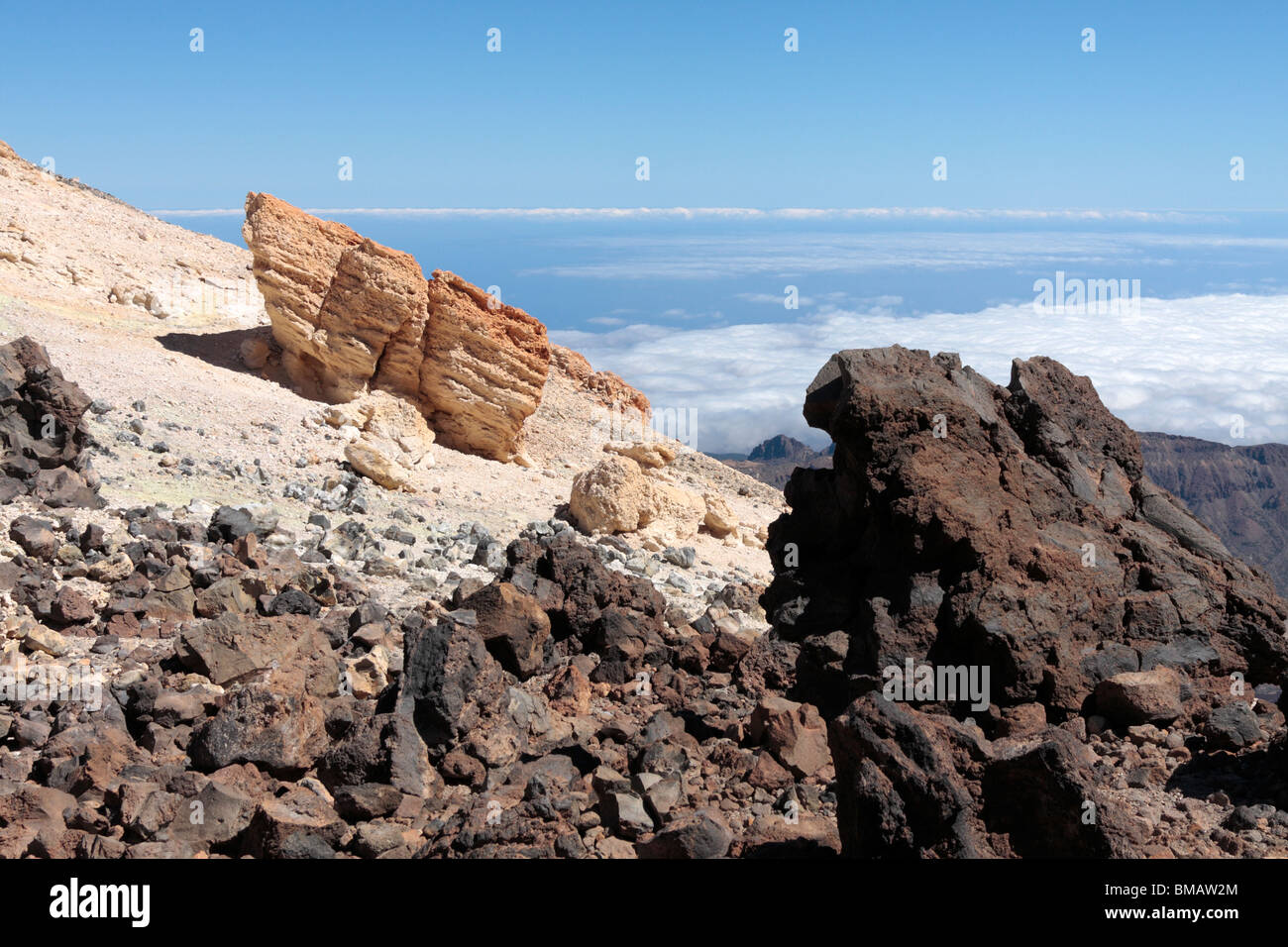 Contrast in rock types on the side of the Pico del Teide Tenerife ...