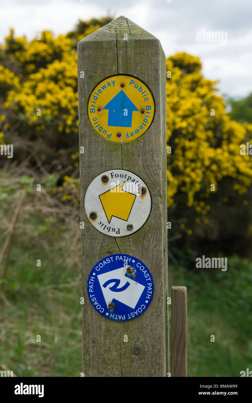 A waymarker for a footpath to Budle Bay, Northumberland, England Stock ...