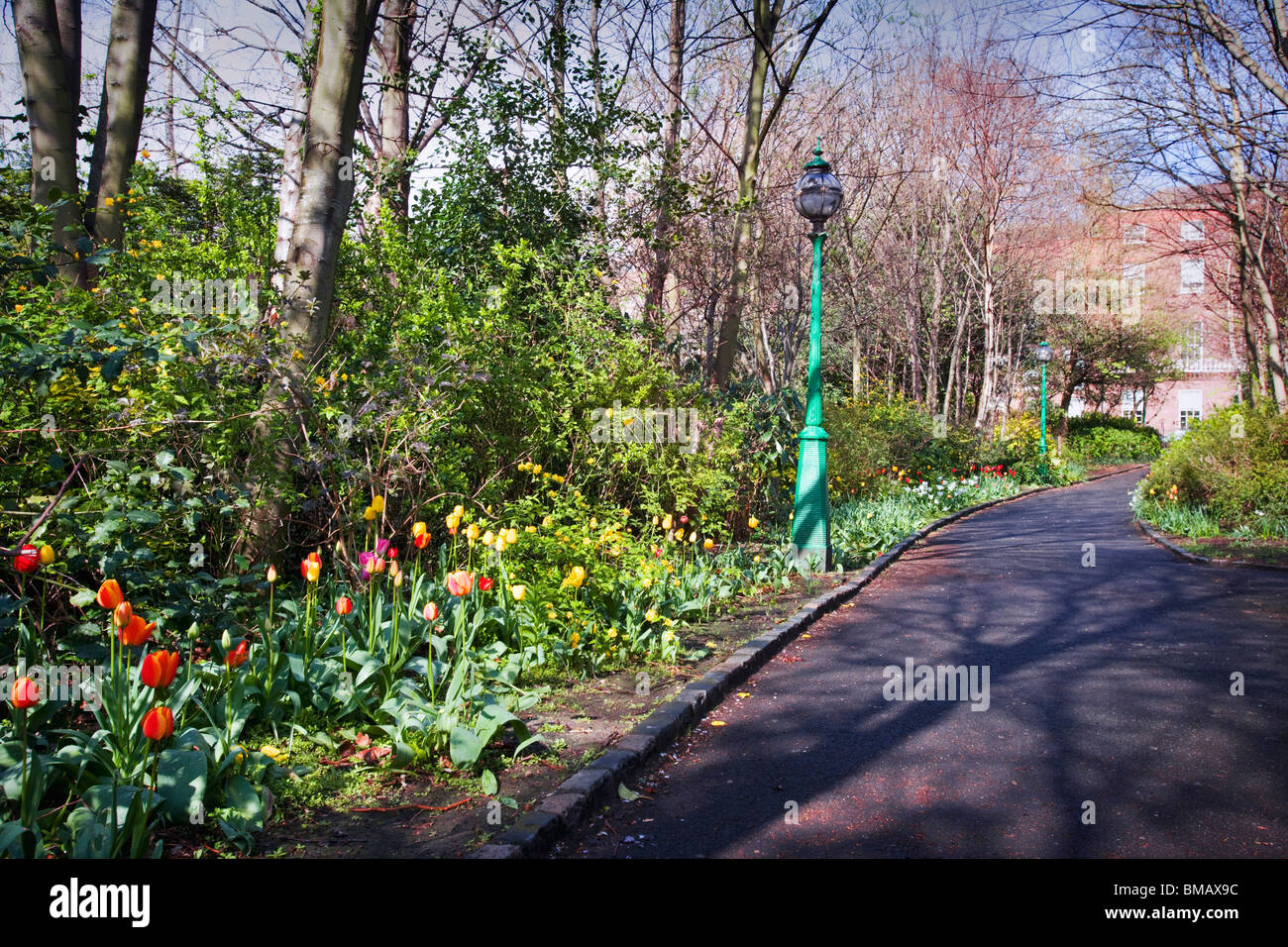 Spring Flowers Lining A Formal Driveway Stock Photo - Alamy