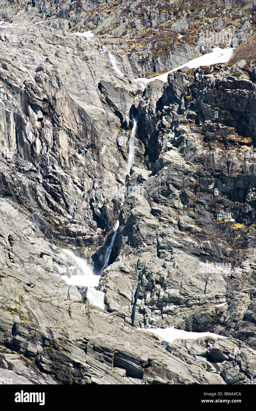 Run-Off Water Slides Down Mountain Rock From Flatbreen Glacier in ...